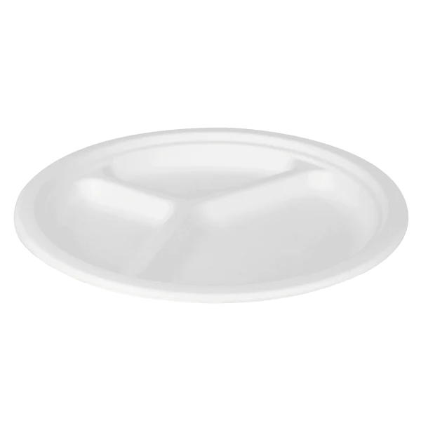 10'' PFAS Free Compostable Round Plates, White, 3-Compartment